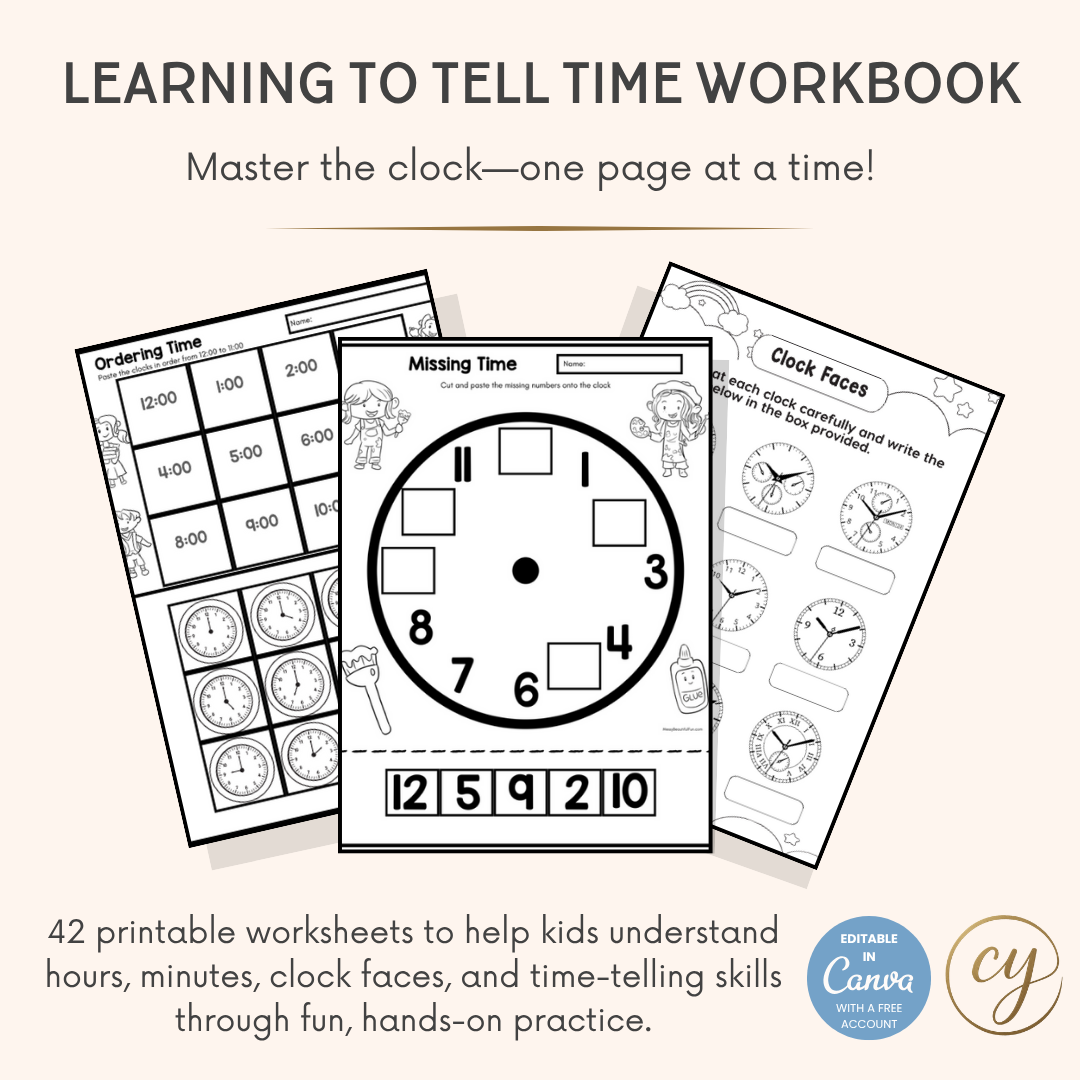 Time Learning Workbook for Kids – 42-Page Canva Template for Telling T ...