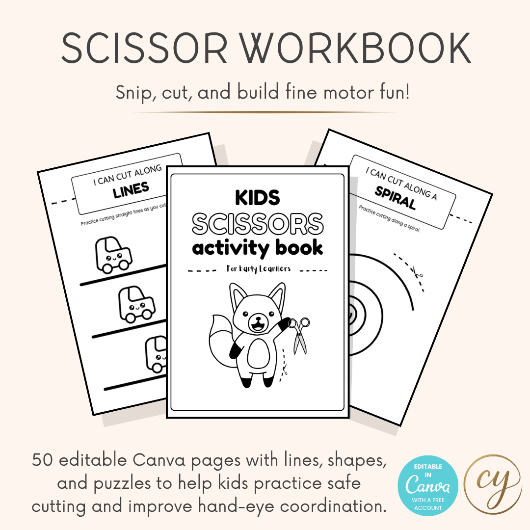 Kids Scissor Skills Activity Book – 50-Page Canva Template for Fine Mo ...