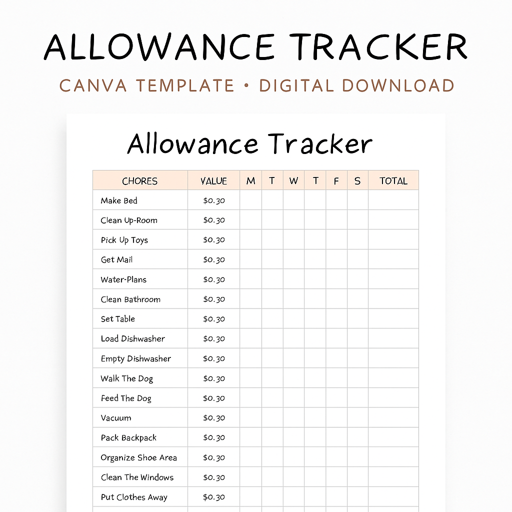 Kids Allowance Tracker - Editable Canva Template — CYDesignStudio